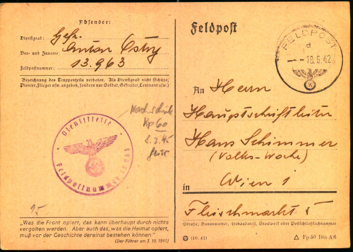 Feldpostkort - Feldpoststempel 18 - 6 - 42 - Til Wien 1 - Censur ...