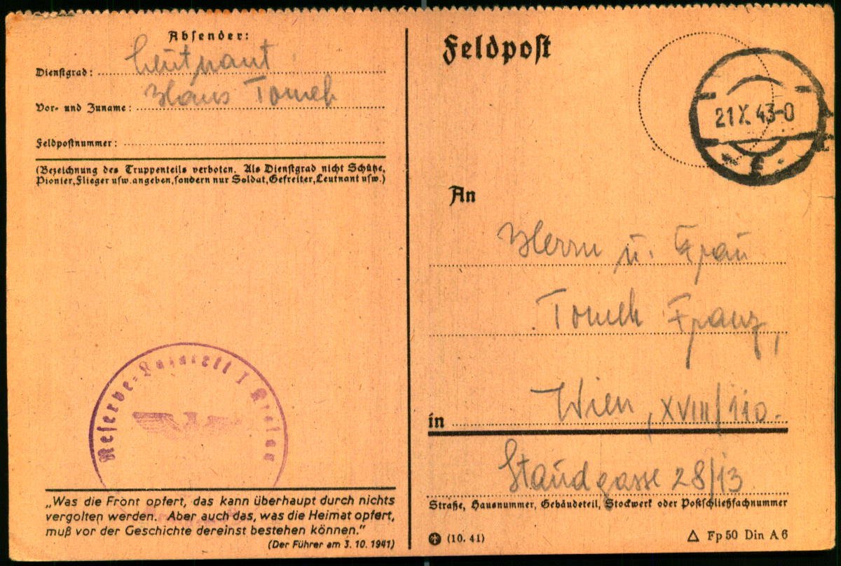 Tysk Feldpostkort - Feldpoststempel 21 - 10 - 43 - Til Wien - Feldpost ...